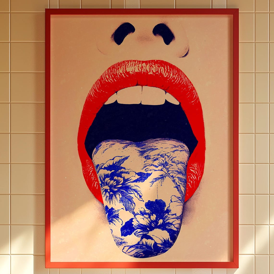 Surreal Red Lips Poster, Bold Floral Tongue Art, Maximalist Pop Wall ...
