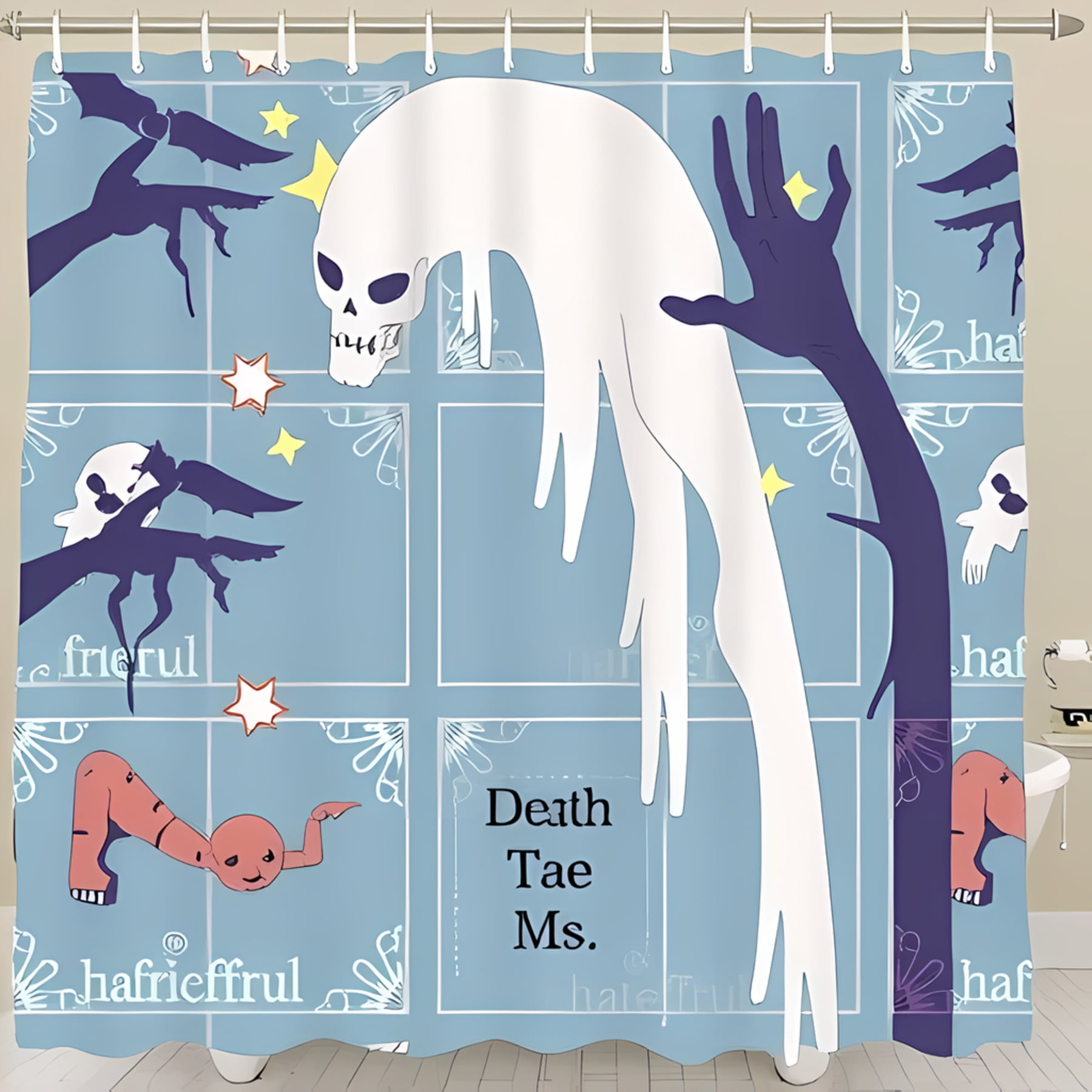 Surreal Skeletons Shower Curtain - Pale Blue Background with Ghostly ...