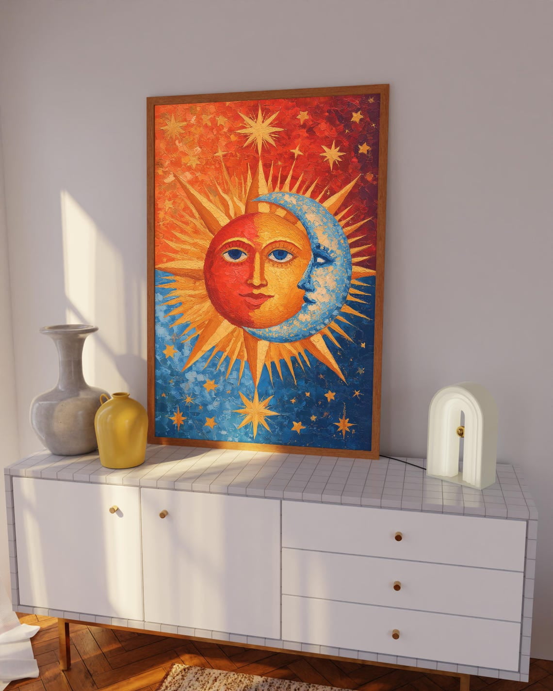 Surreal Sun Moon Face Print, Sun And Moon Celestial Wall Art ...