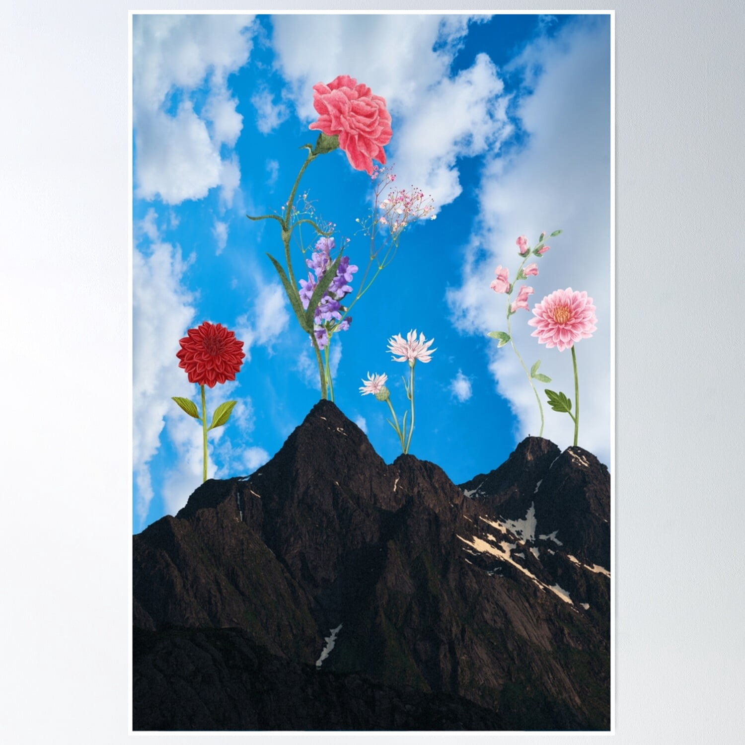 Surrealist Mountain Flower Collage Poster Wall Art, Modern Wall Decor ...