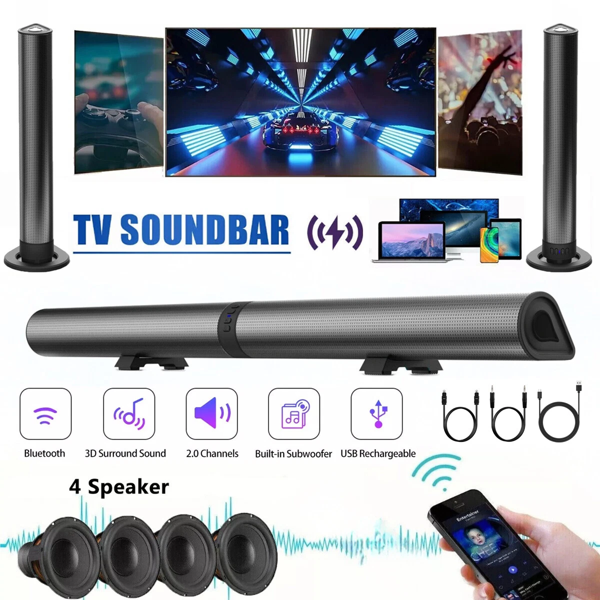 Surround Sound Bar 4 Speaker System Wireless Subwoofer TV Home Theater ...