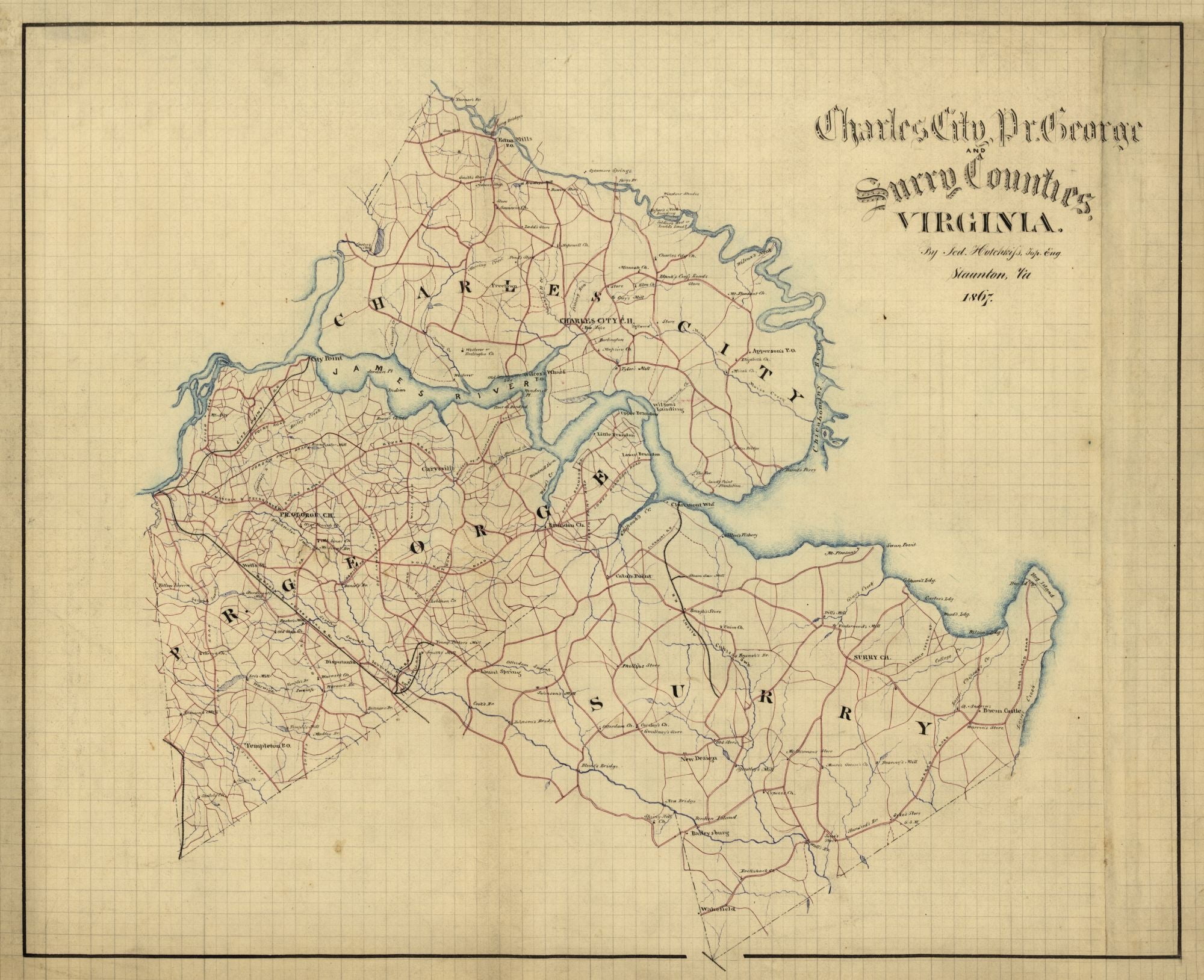 Historic County Map - Surry County Virginia - Hotchkiss 1867 - 28.25 x ...