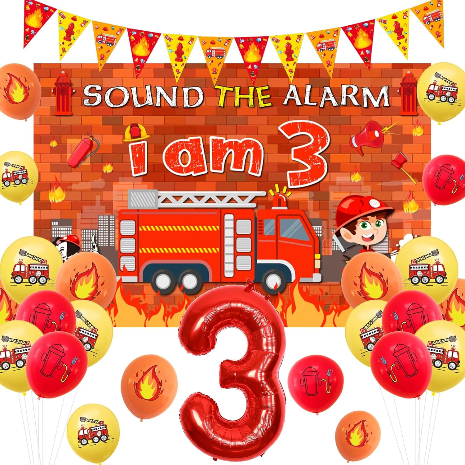Sursurprise Fire Engine 3rd Birthday Decorations for Boy, Sound the ...