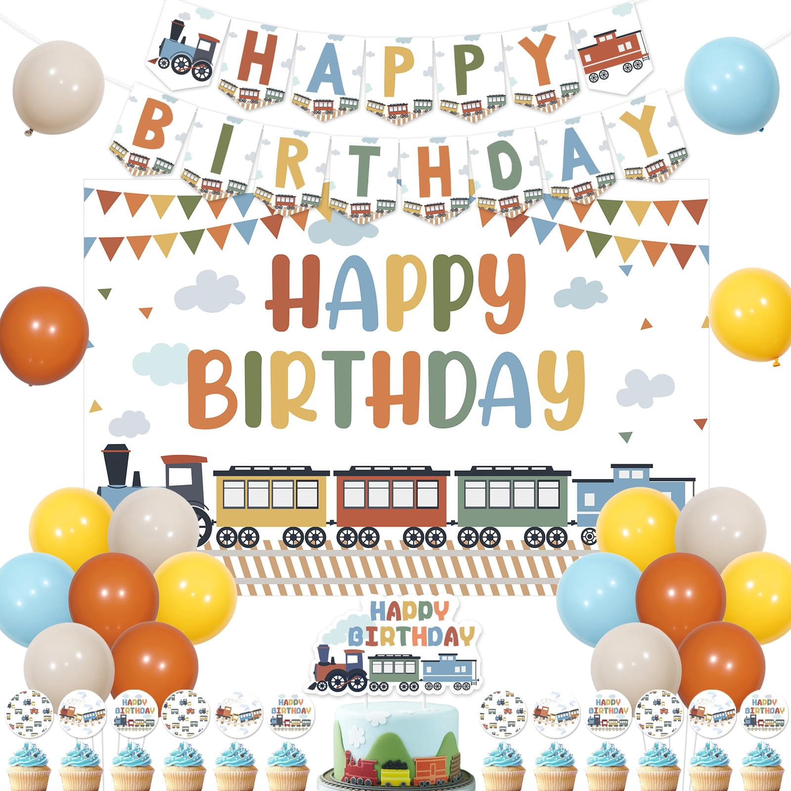 Sursurprise Train Theme Decorations, Steam AIS1 Train Happy Backdrop ...