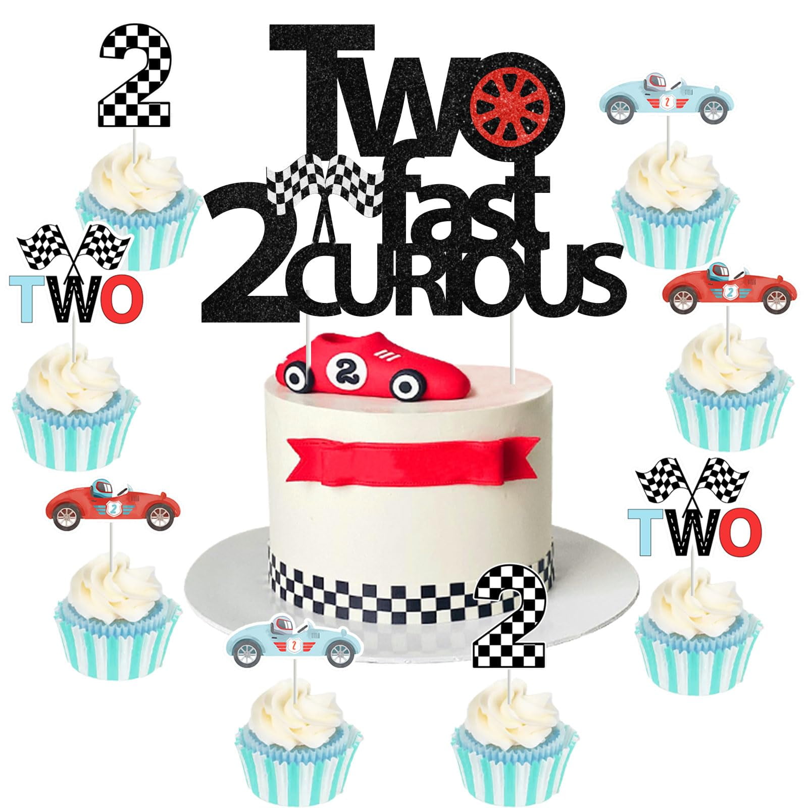 Sursurprise Two Fast TWE5 Two Curious Birthday Decorations, 25Pcs Vintage Race Car Cake Topper ...
