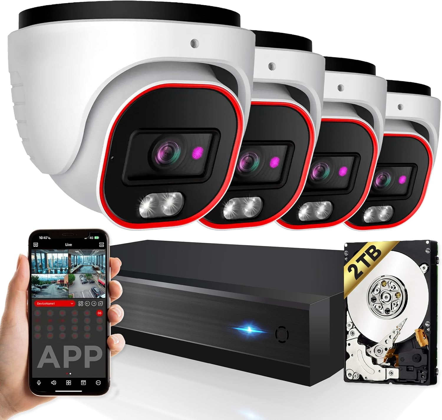 Surveillance Camera System with AI Object Recognition – 4CH NVR, 4 x 4MP PoE CCTV Cameras, HDD ...