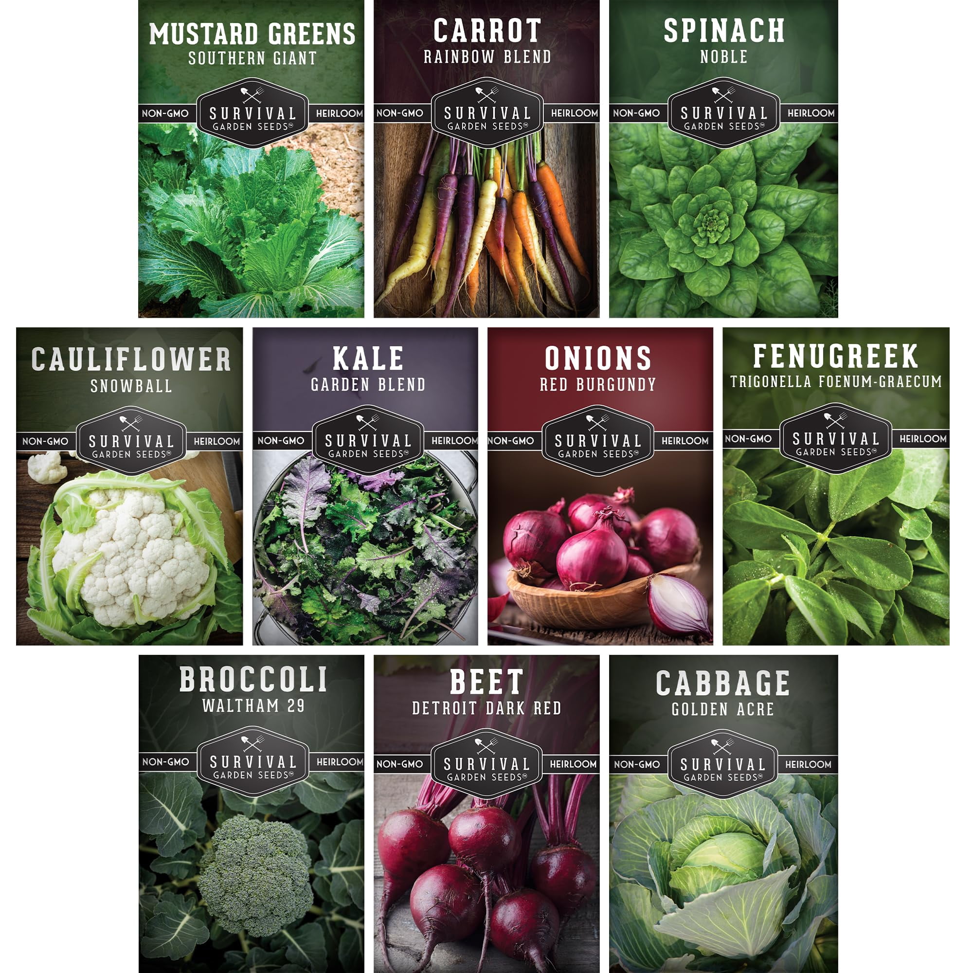 Survival Garden Seeds TWE5 Spring Vegetable Seed Collection - 10 with Root Veg, Leafy Greens ...