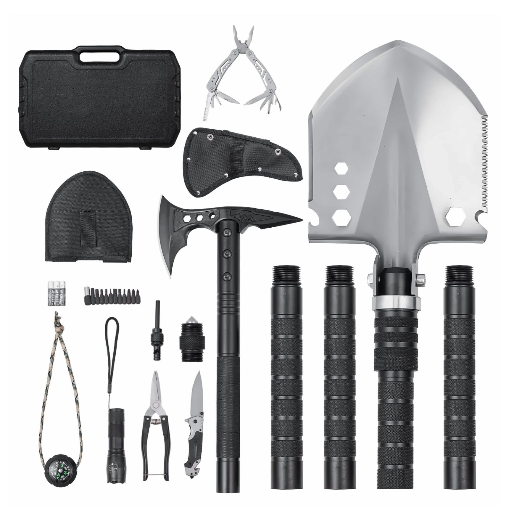 Survival Shovel Axe 28-in-1 Camping Tool Set - Folding Shovel Hatchet ...