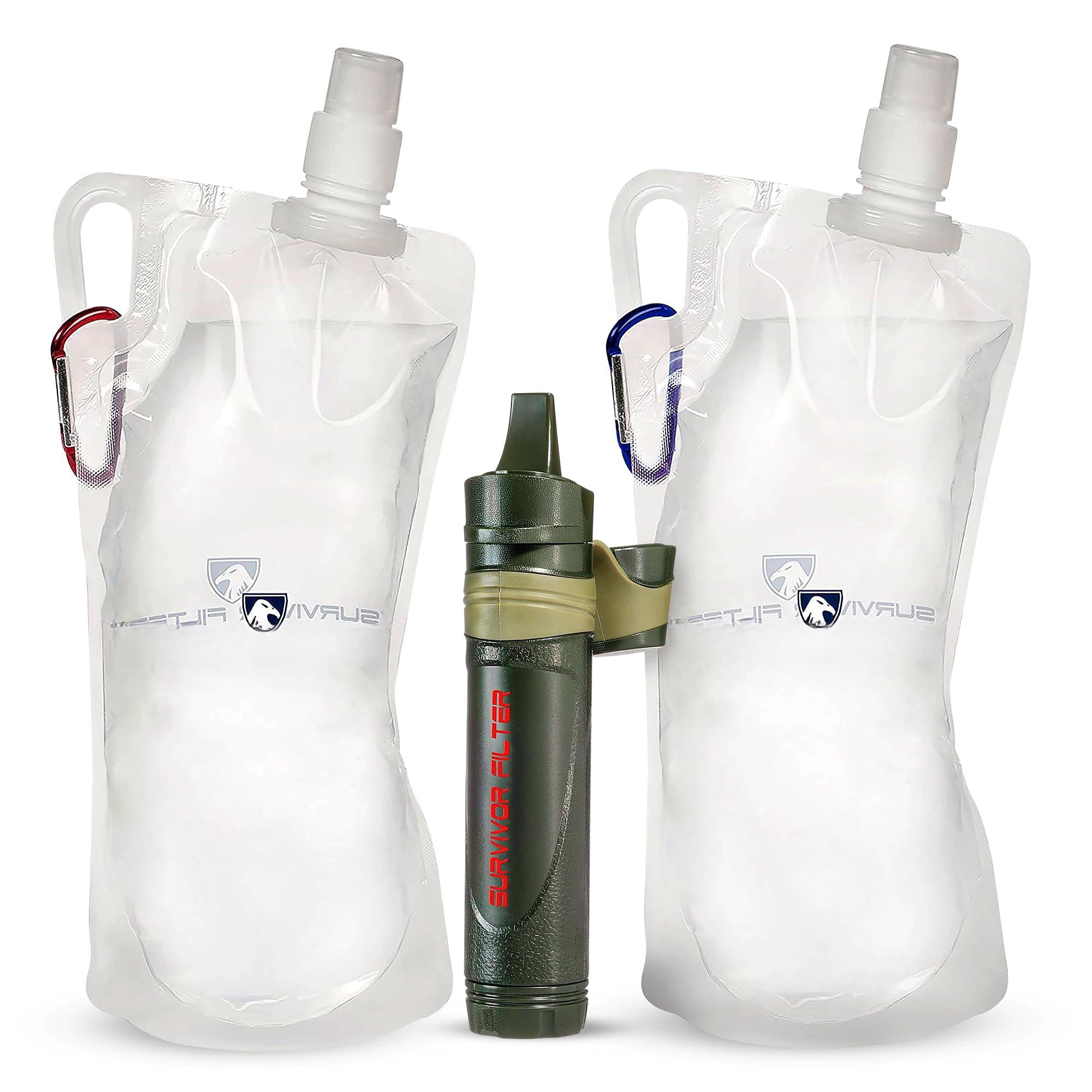 Survivor Filter Squeeze Kit Camping Water Filter with 2 Collapsible 33. ...