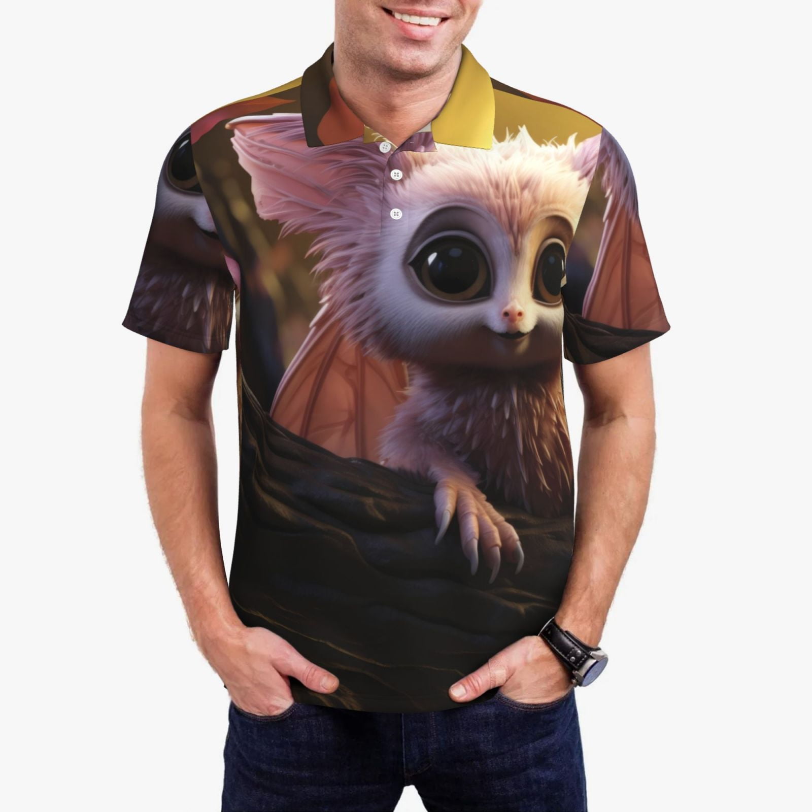 Susaid Adorable Fluffy Bat Print Men's Short Sleeve Polo Shirt, Golf ...