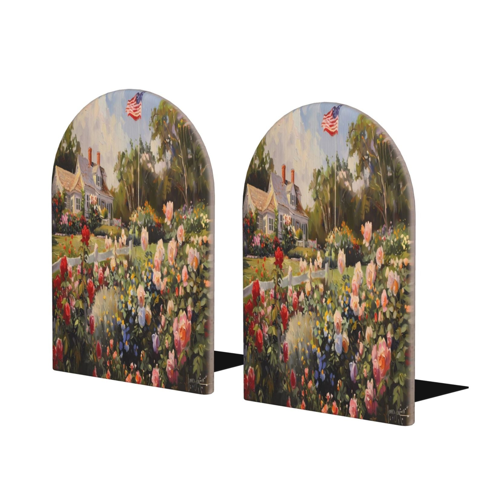 Susaid American Flag Rose Garden Print Wooden Bookends Decorative Book ...