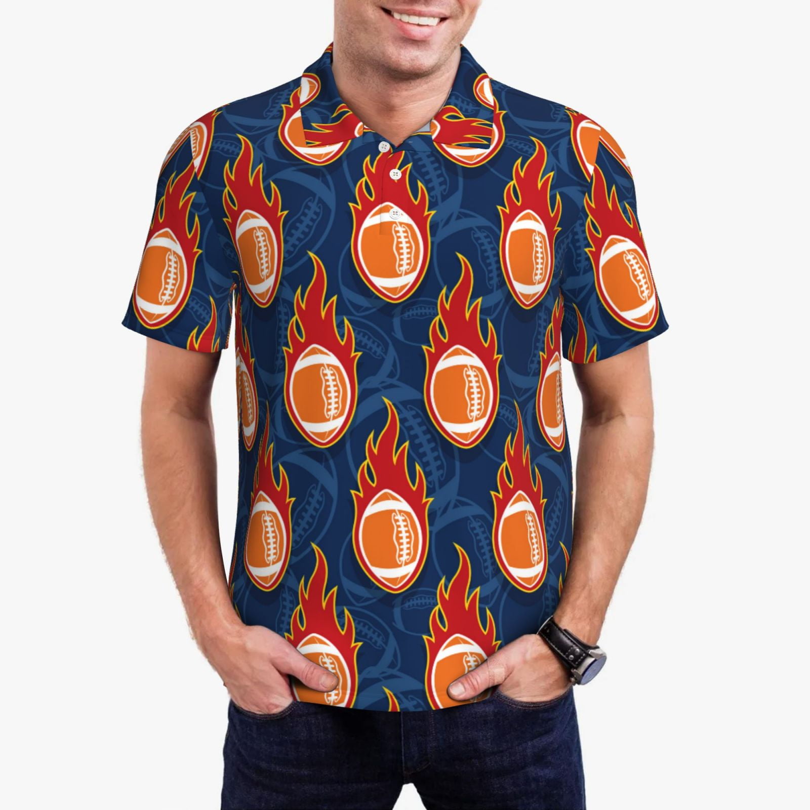 Susaid American Football and Fire Flames Print Men's Short Sleeve Polo ...
