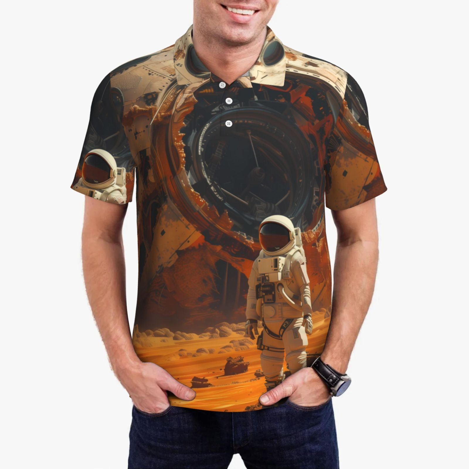 Susaid Astronaut Exploring Mars Print Men's Short Sleeve Polo Shirt ...