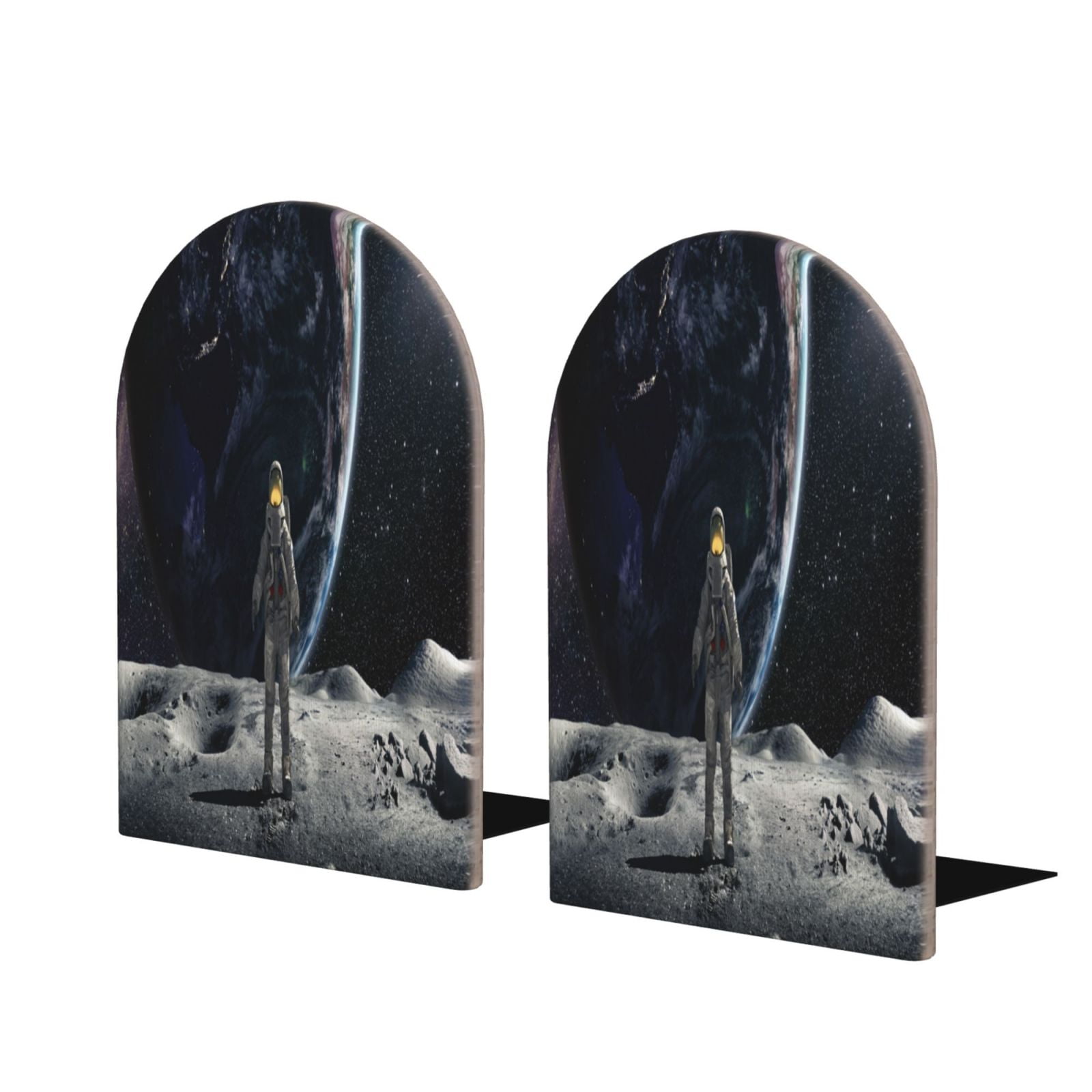 Susaid Astronaut Standing In The Moon Print Wooden Bookends Decorative ...