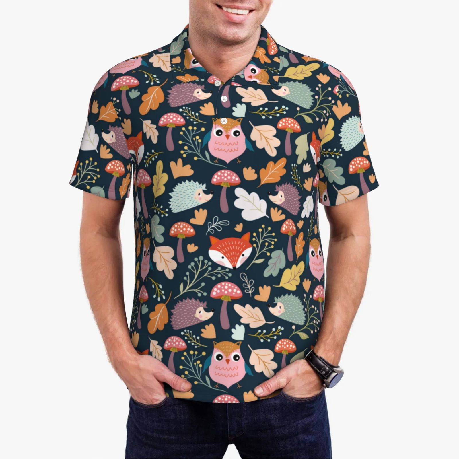 Susaid Autumn Forest Print Men's Short Sleeve Polo Shirt, Golf Shirts ...