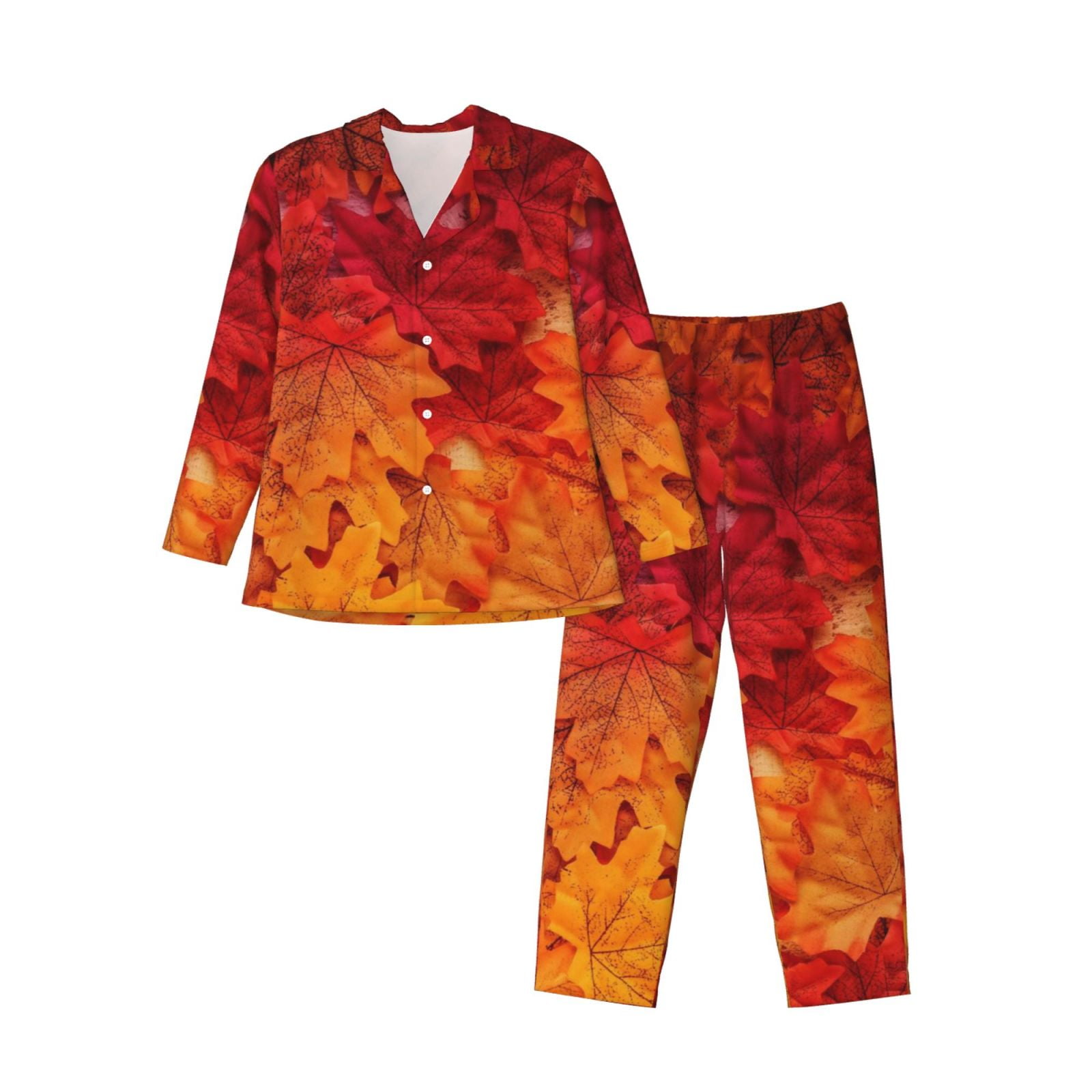 Susaid Autumn Leaf Print Men's Long Sleeve Pajama Set, Two-Piece Button ...