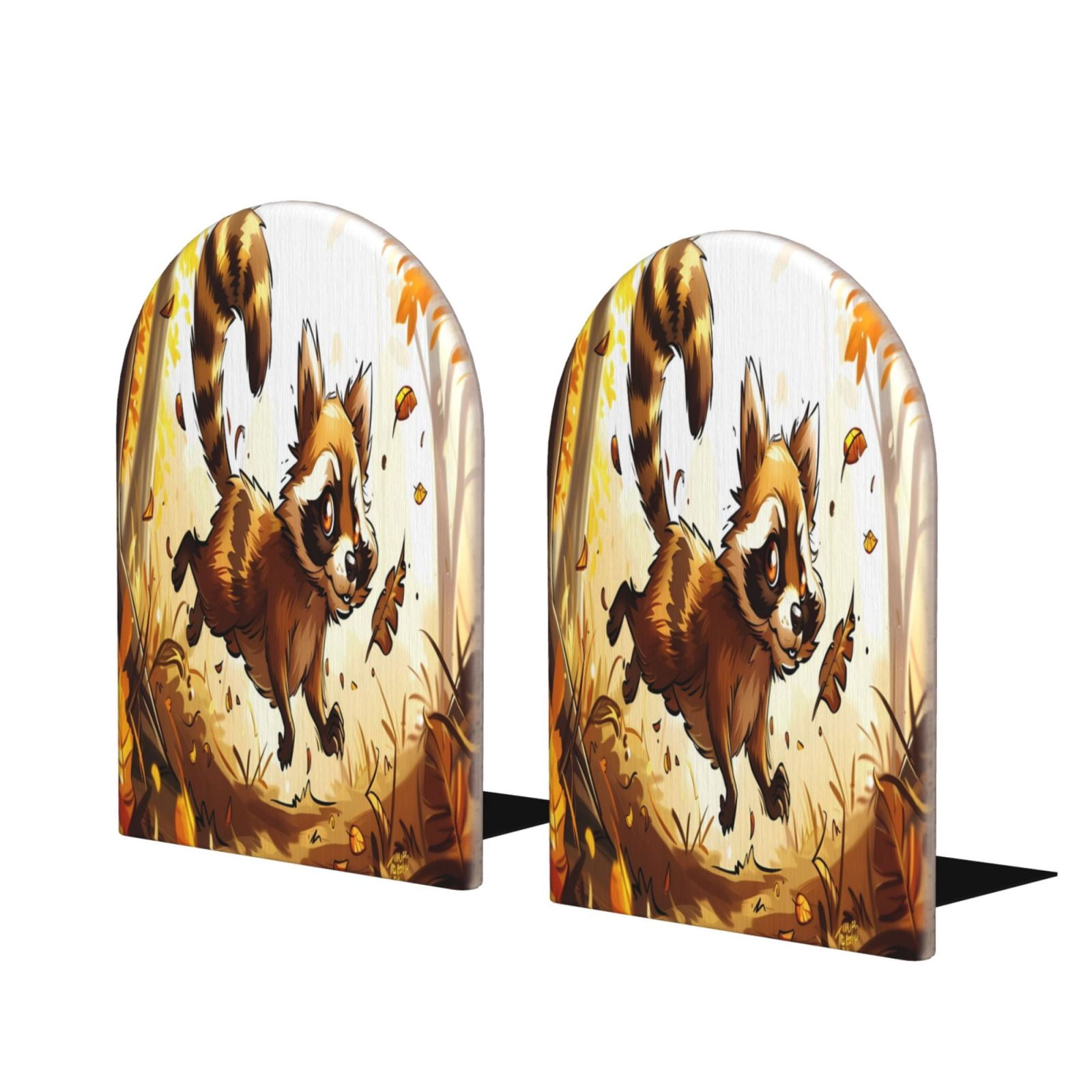 Susaid Autumn Raccoon In Forest Print Wooden Bookends Decorative Book ...