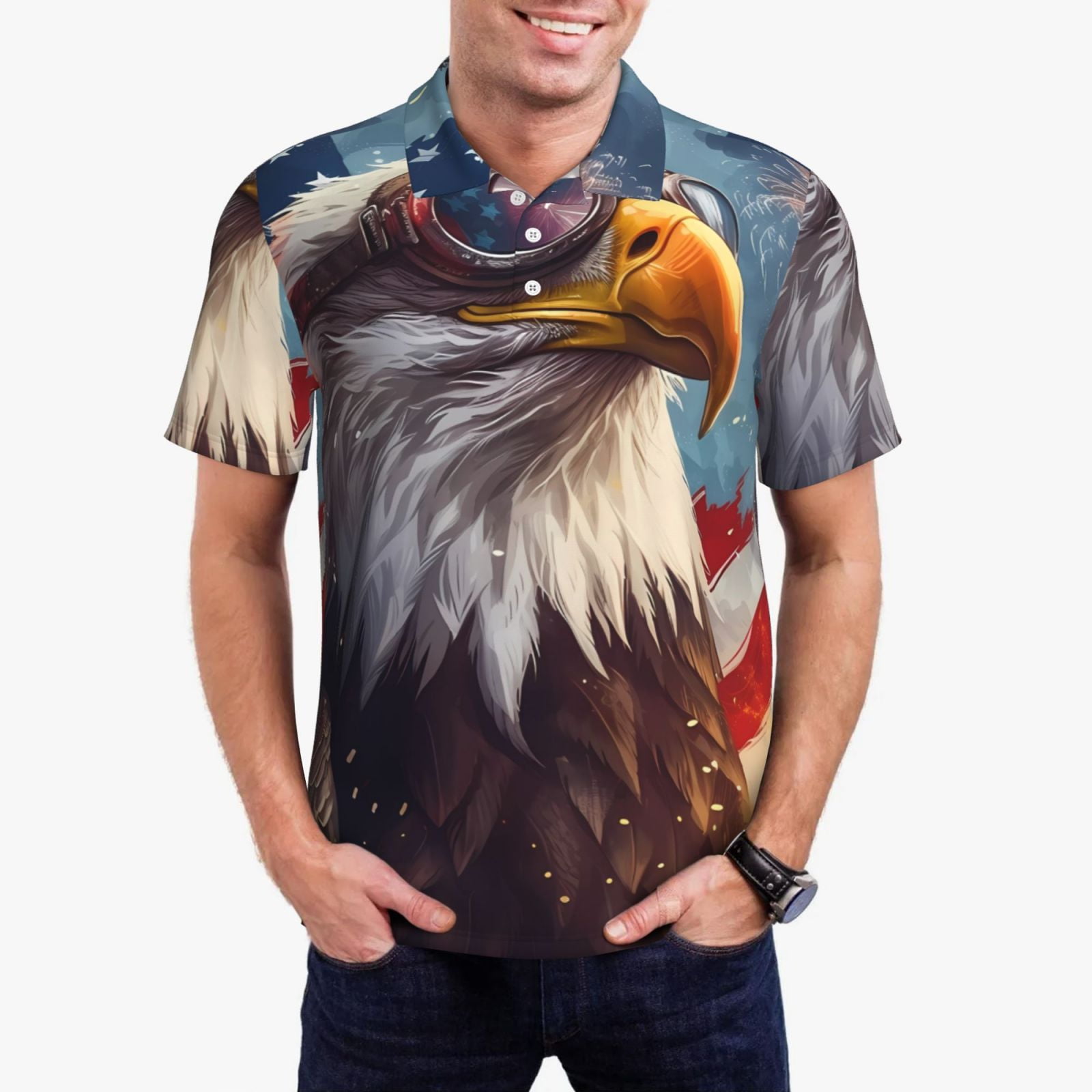 Susaid Bald Eagle Pilot Print Men's Short Sleeve Polo Shirt, Golf ...