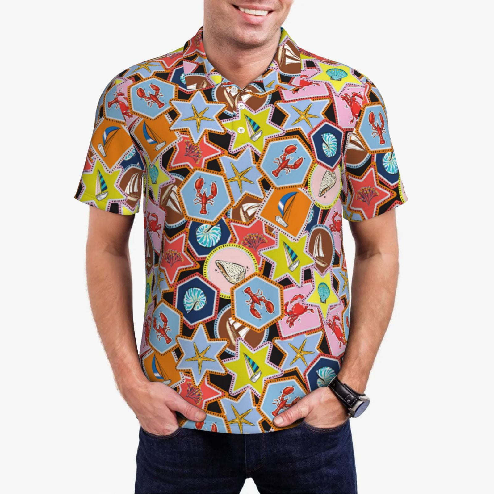 Susaid Beach Life Print Men's Short Sleeve Polo Shirt, Golf Shirts for ...