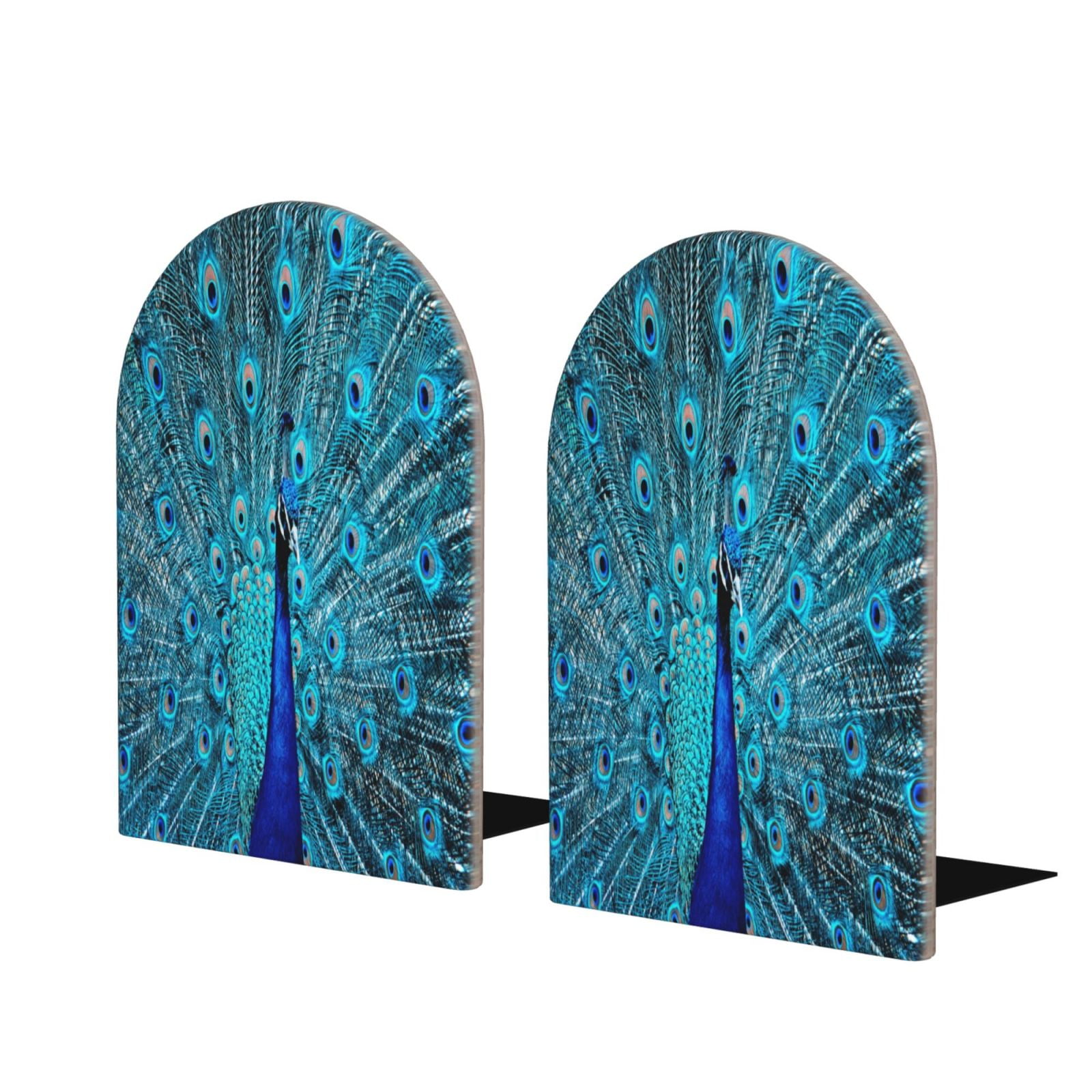 Susaid Beautiful Blue Peacock Print Wooden Bookends Decorative Book ...