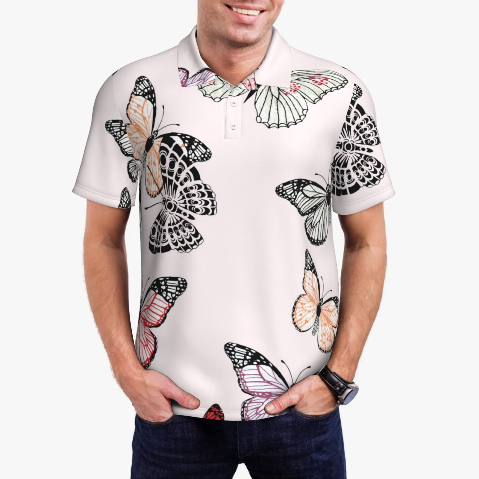 Susaid Beautiful Butterfly Print Men's Short Sleeve Polo Shirt, Golf ...