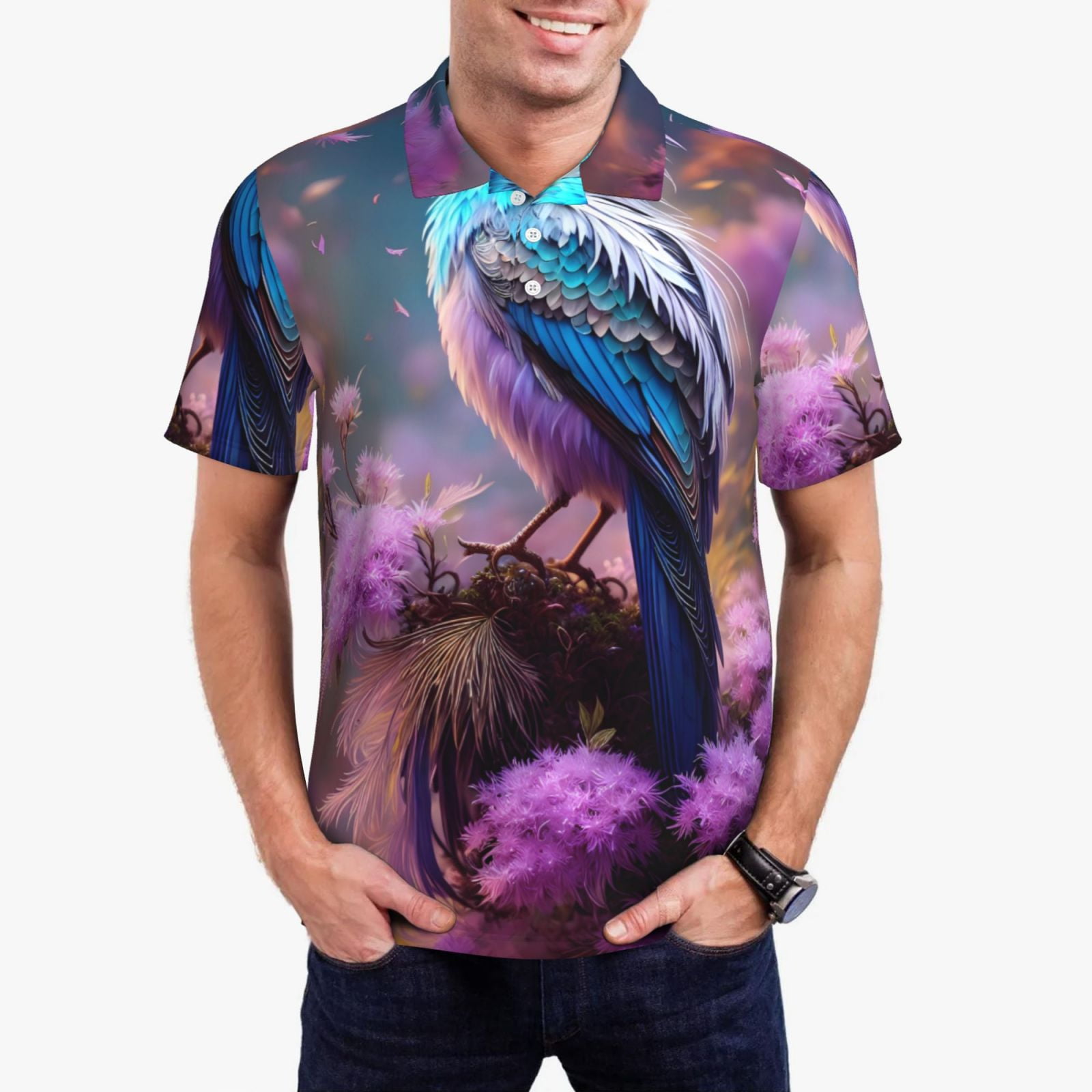 Susaid Beautiful Flower Blue Bird Print Men's Short Sleeve Polo Shirt ...