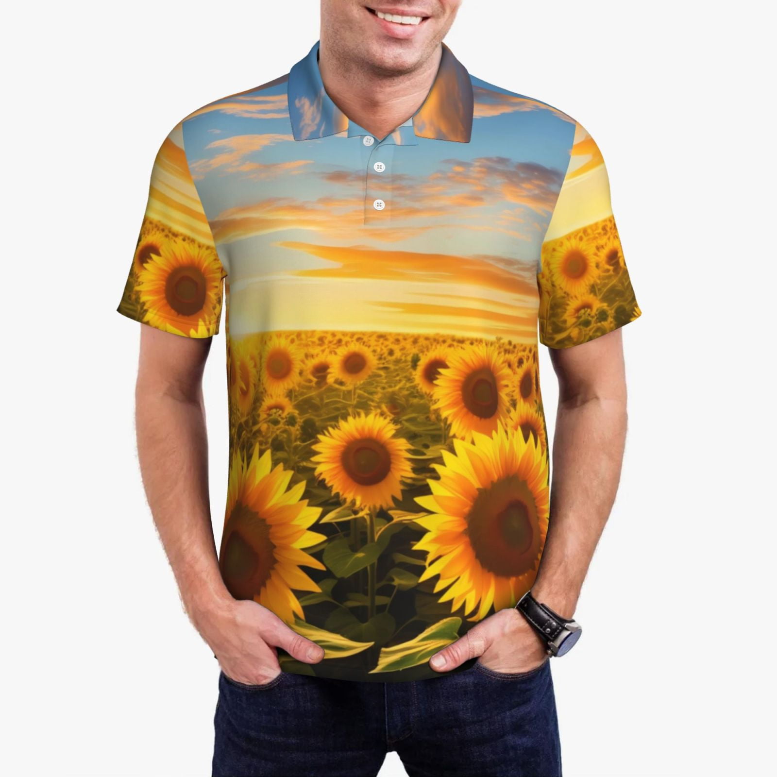 Susaid Beautiful Golden Sunflower Field Print Men's Short Sleeve Polo ...