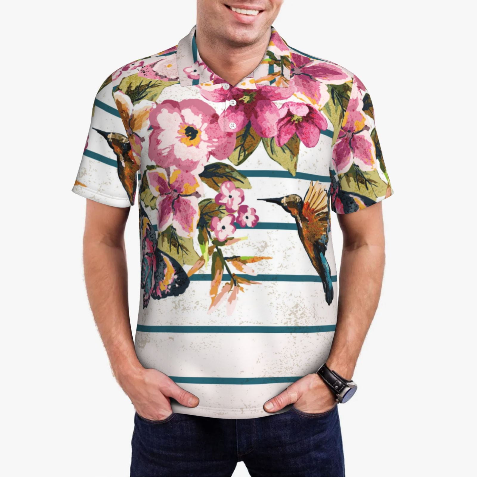 Susaid Bird and Floral Print Men's Short Sleeve Polo Shirt, Golf Shirts ...