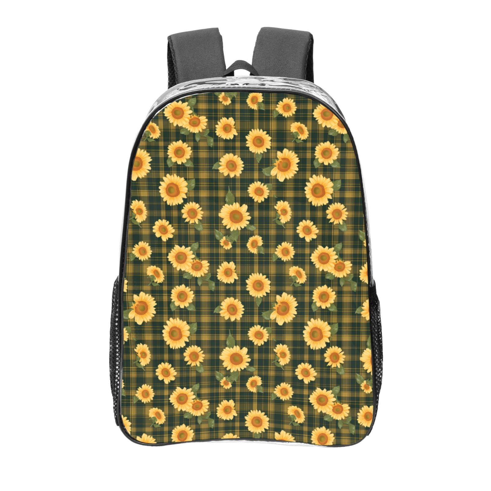 Susaid Black Ink Green Plaid Sunflower Print Clear Backpack See Through ...