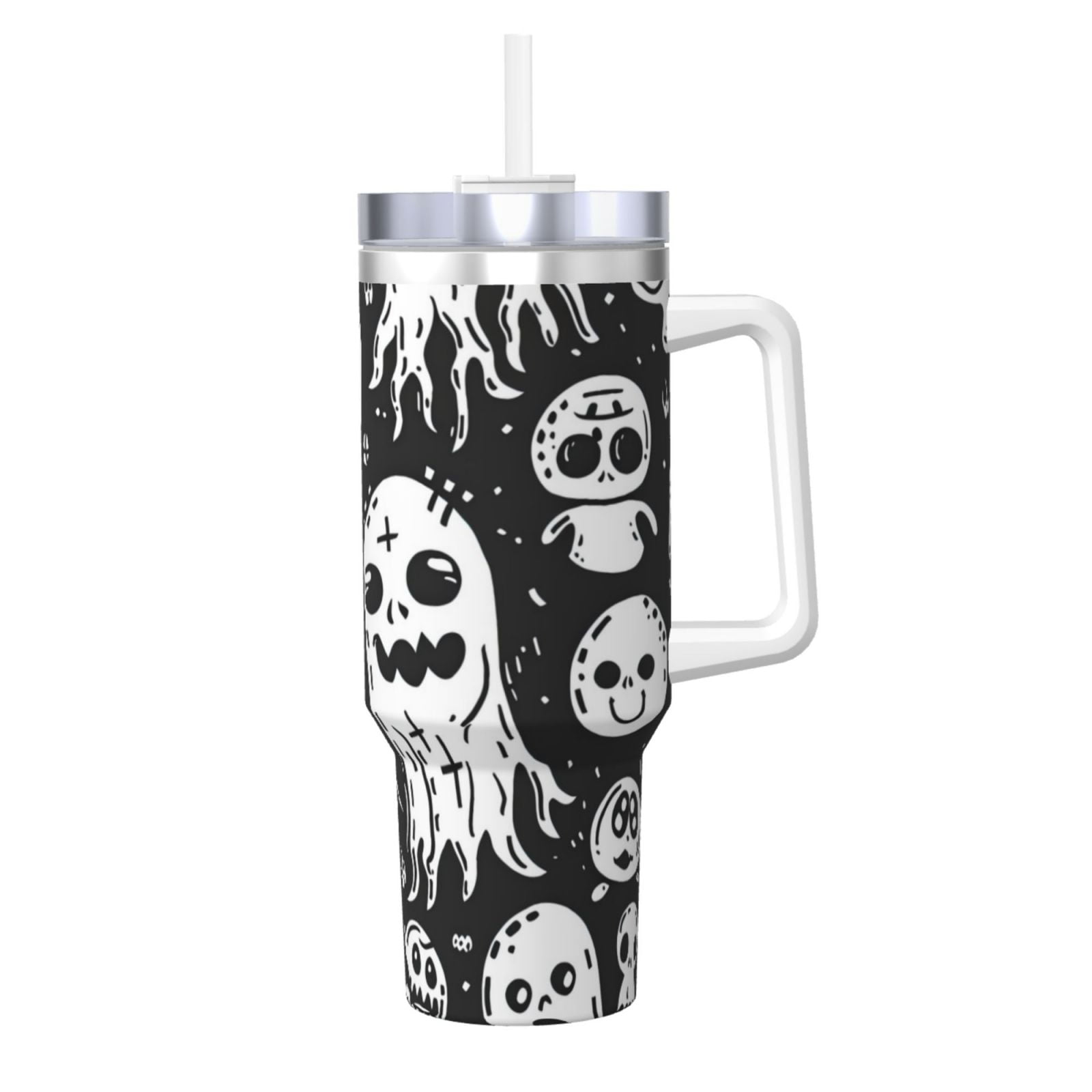 Susaid Black White Spooky Ghosts Print Indoor Outdoor Straw Lid 40oz ...