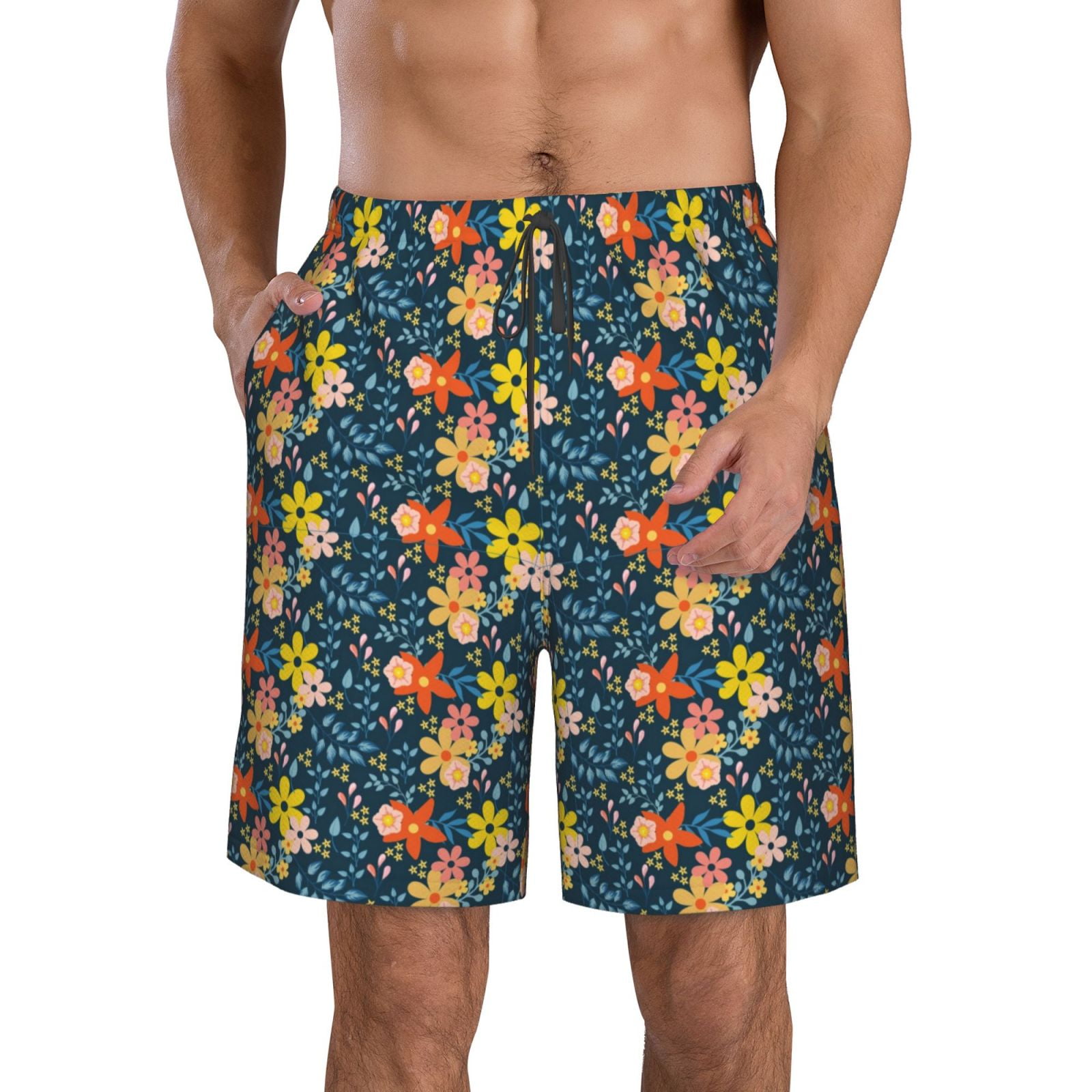 Susaid Blue Floral Print Men's Swim Trunks Hawaiian Bathing Mesh Lining ...