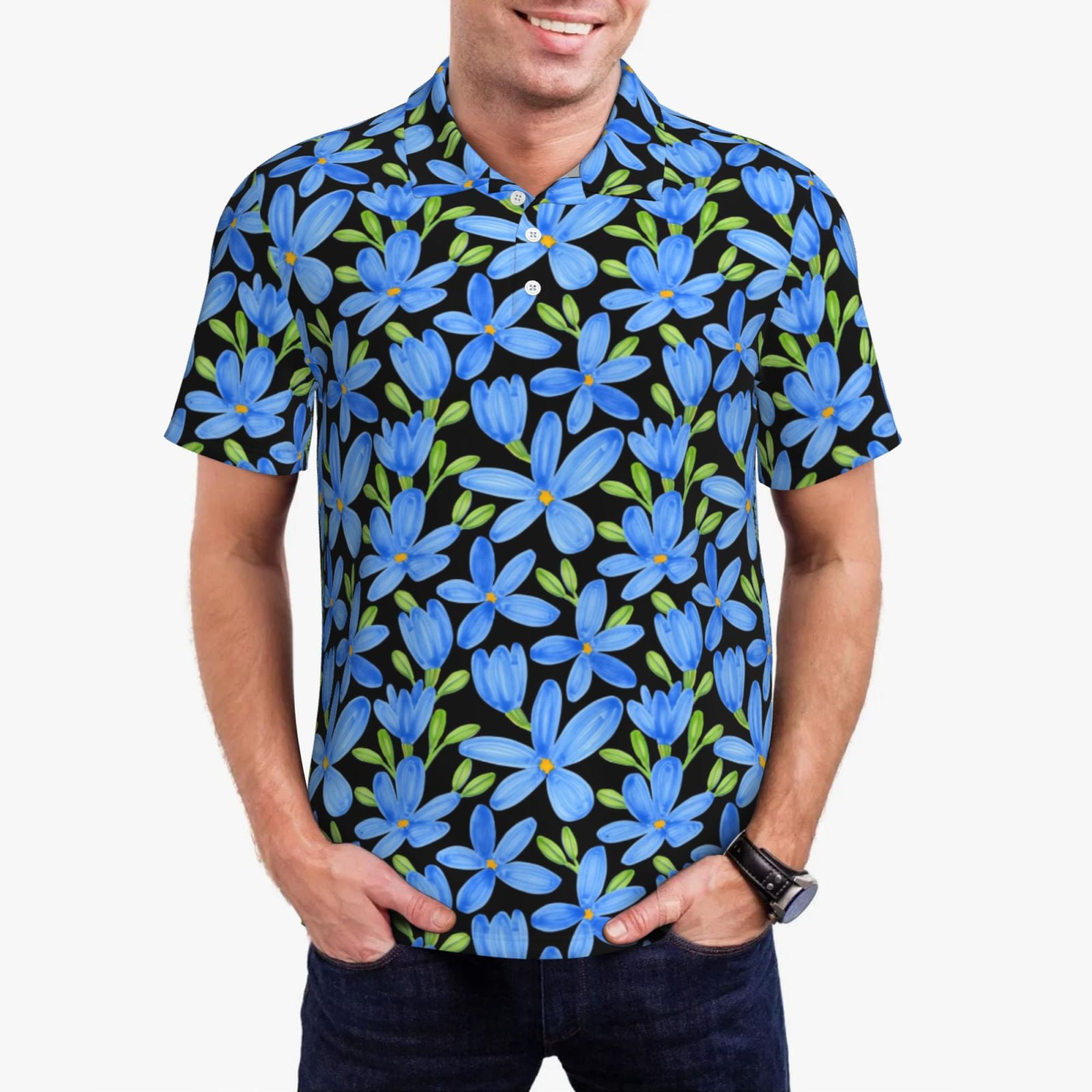 Susaid Blue Flowers Print Men's Short Sleeve Polo Shirt, Golf Shirts ...