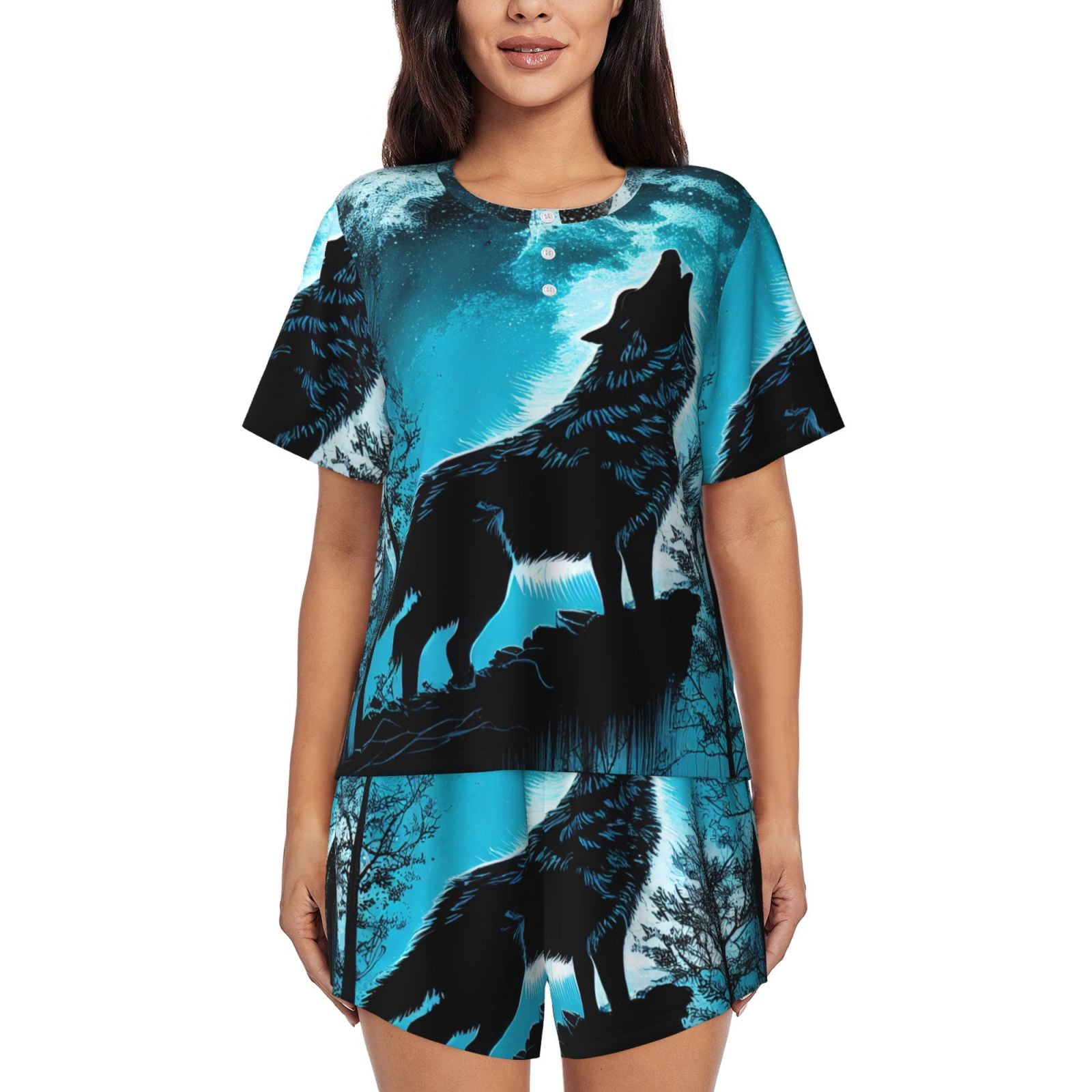 Susaid Blue Full Moon Wolf Print Women's Pajama Set, Button-Up ...