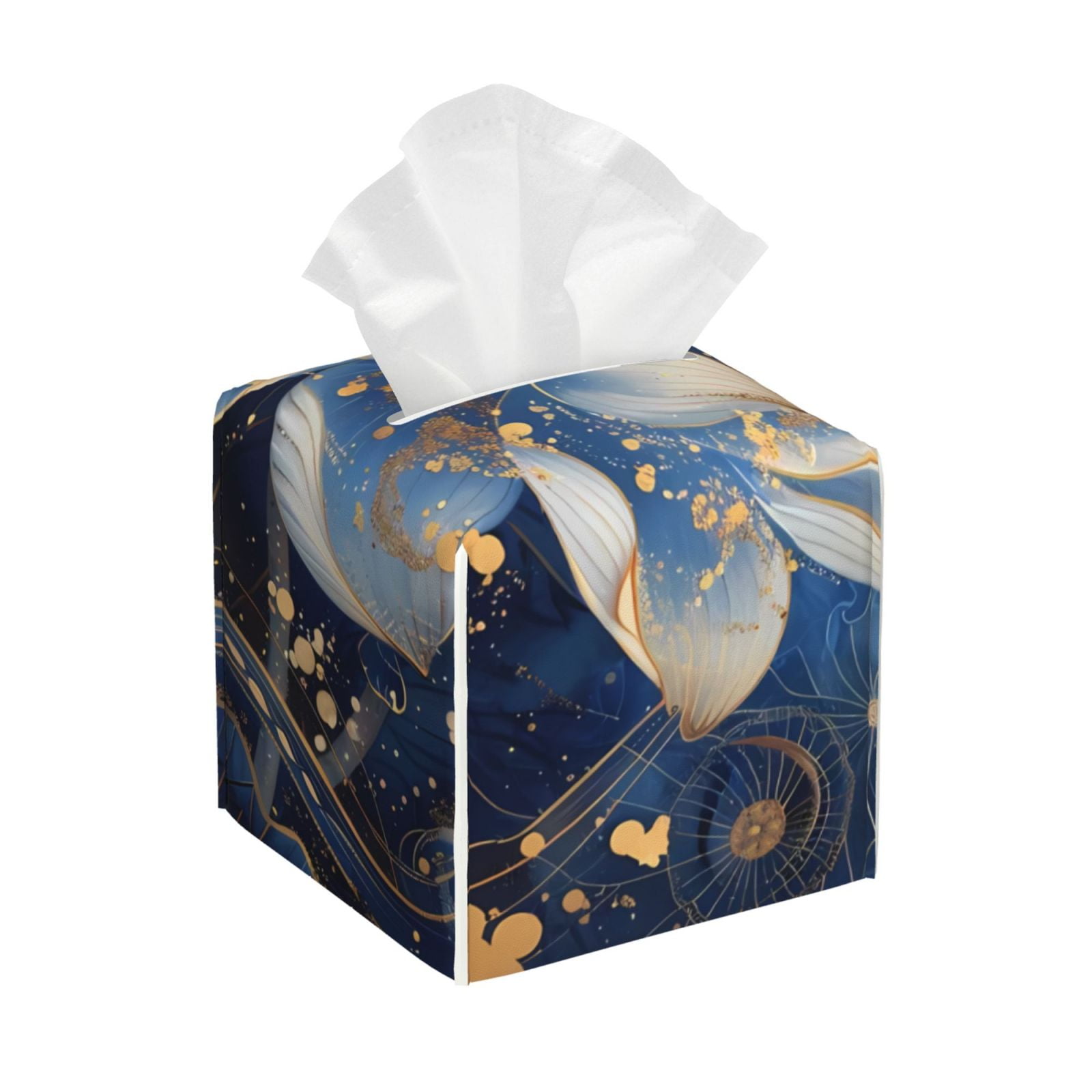 Susaid Blue Golden Dream Lotus Print PU Leather Tissue Box Cover ...