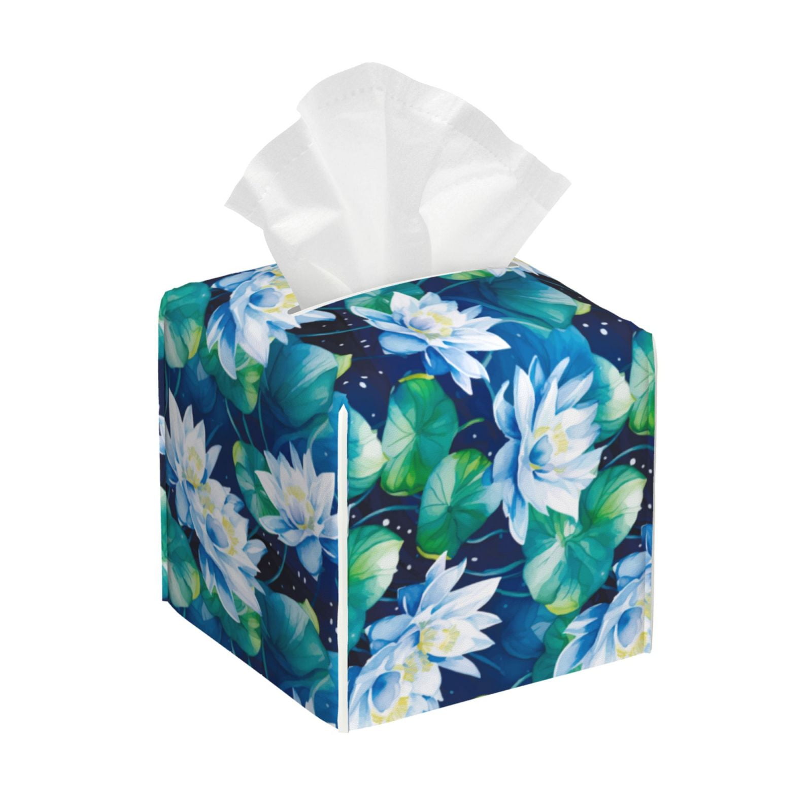 Susaid Blue Lotus Flower Print PU Leather Tissue Box Cover, Square ...