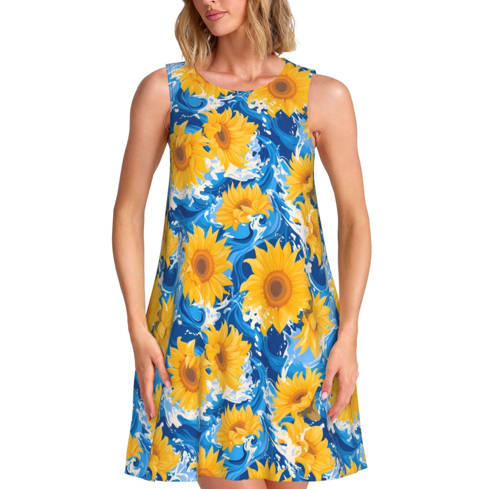 Susaid Blue Ocean Wave Sunflower Pattern Women's Summer Dresses Beach ...