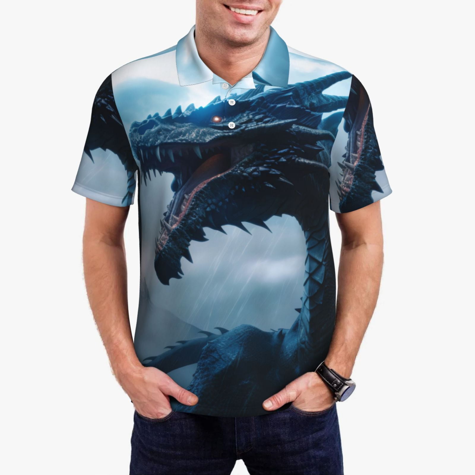 Susaid Blue Thunder Storm Dragon Print Men's Short Sleeve Polo Shirt ...