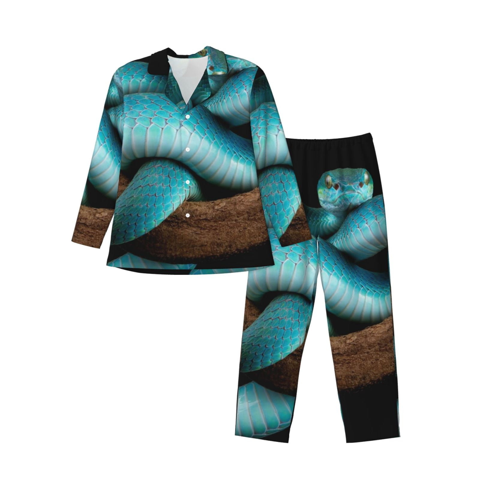 Susaid Blue Viper Snake Print Men's Long Sleeve Pajama Set, Two-Piece ...