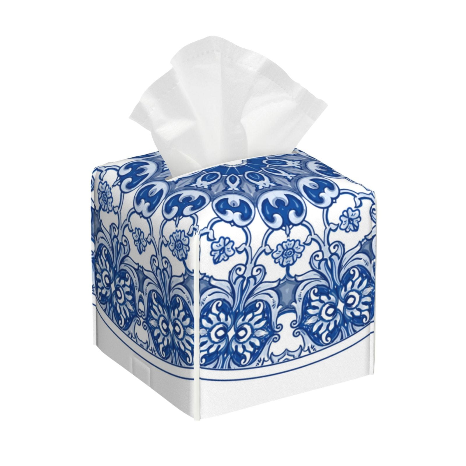 Susaid Blue Watercolor Print PU Leather Tissue Box Cover, Square ...