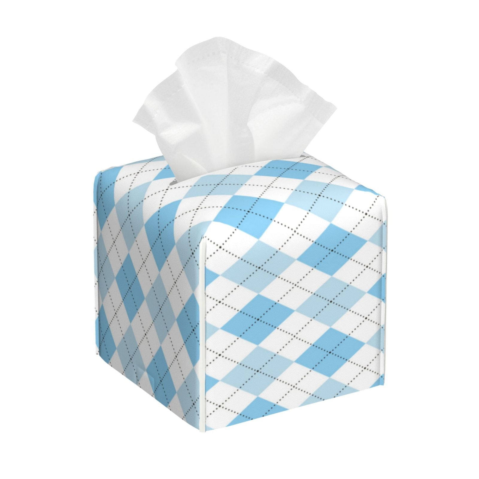 Susaid Blue and White Squares Print PU Leather Tissue Box Cover, Square ...