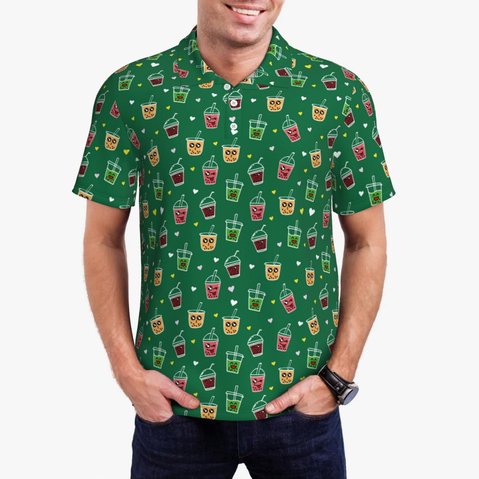 Susaid Boba Milk Tea Print Men's Short Sleeve Polo Shirt, Golf Shirts ...