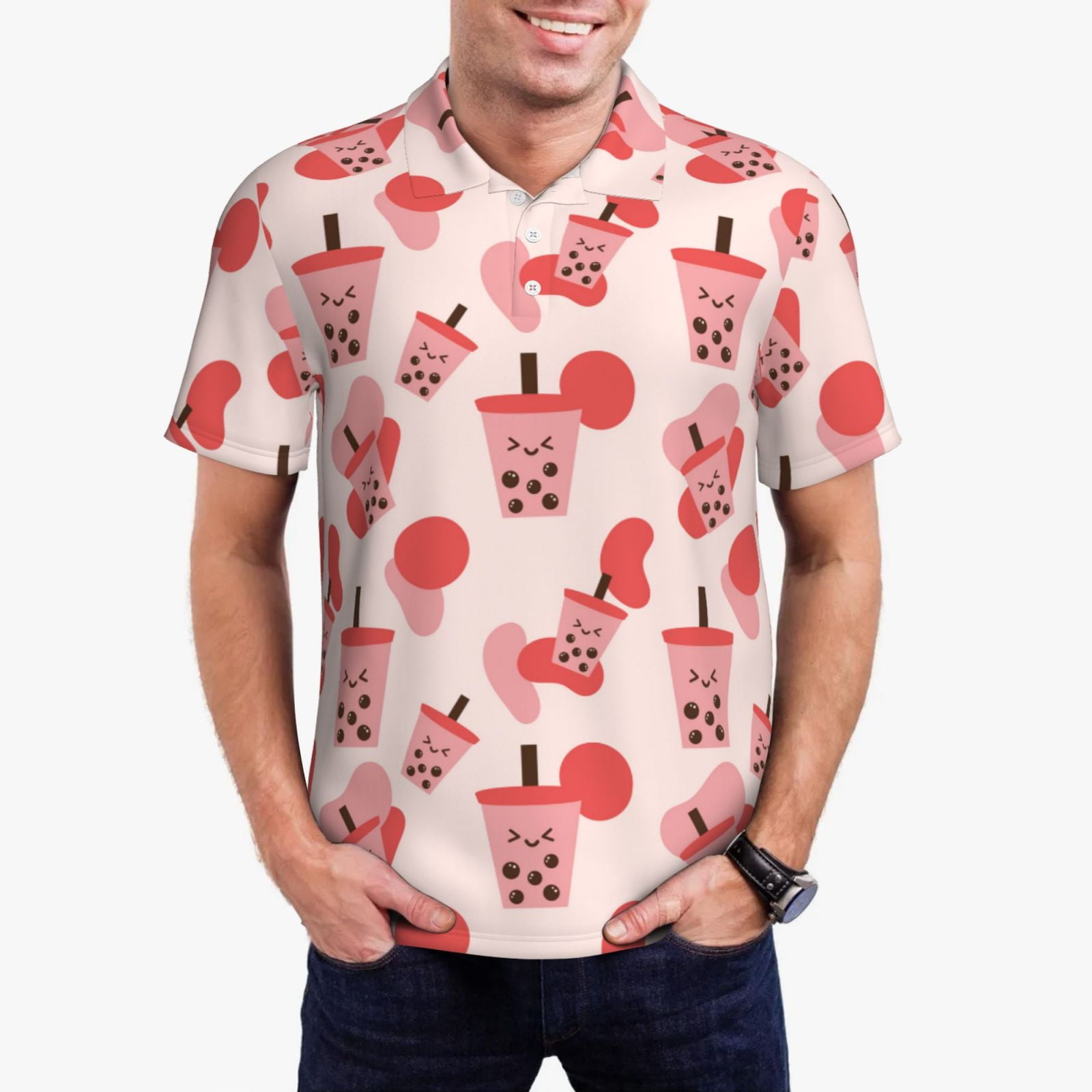 Susaid Boba Milk Tea Print Men's Short Sleeve Polo Shirt, Golf Shirts ...