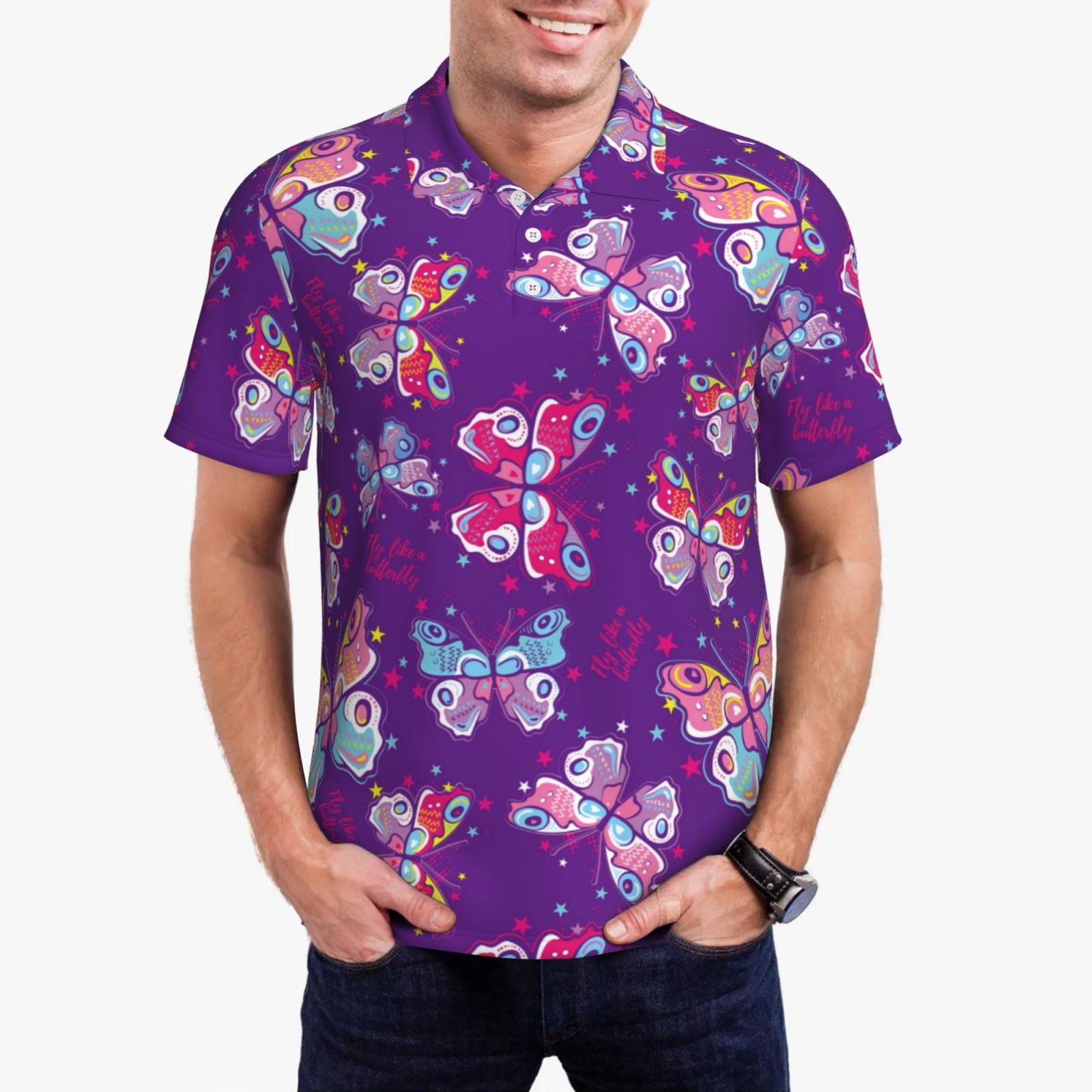 Susaid Bright Butterflies Print Men's Short Sleeve Polo Shirt, Golf ...