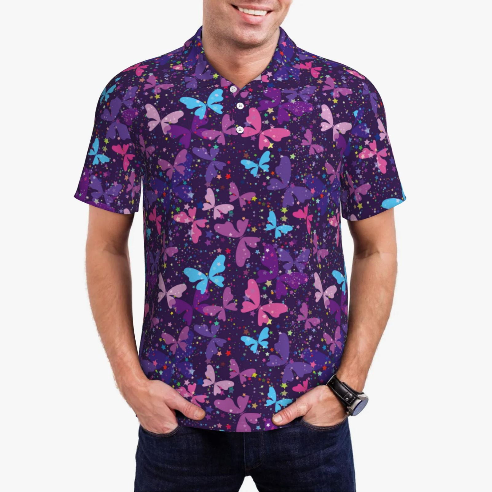 Susaid Bright Purple Butterflies Print Men's Short Sleeve Polo Shirt ...
