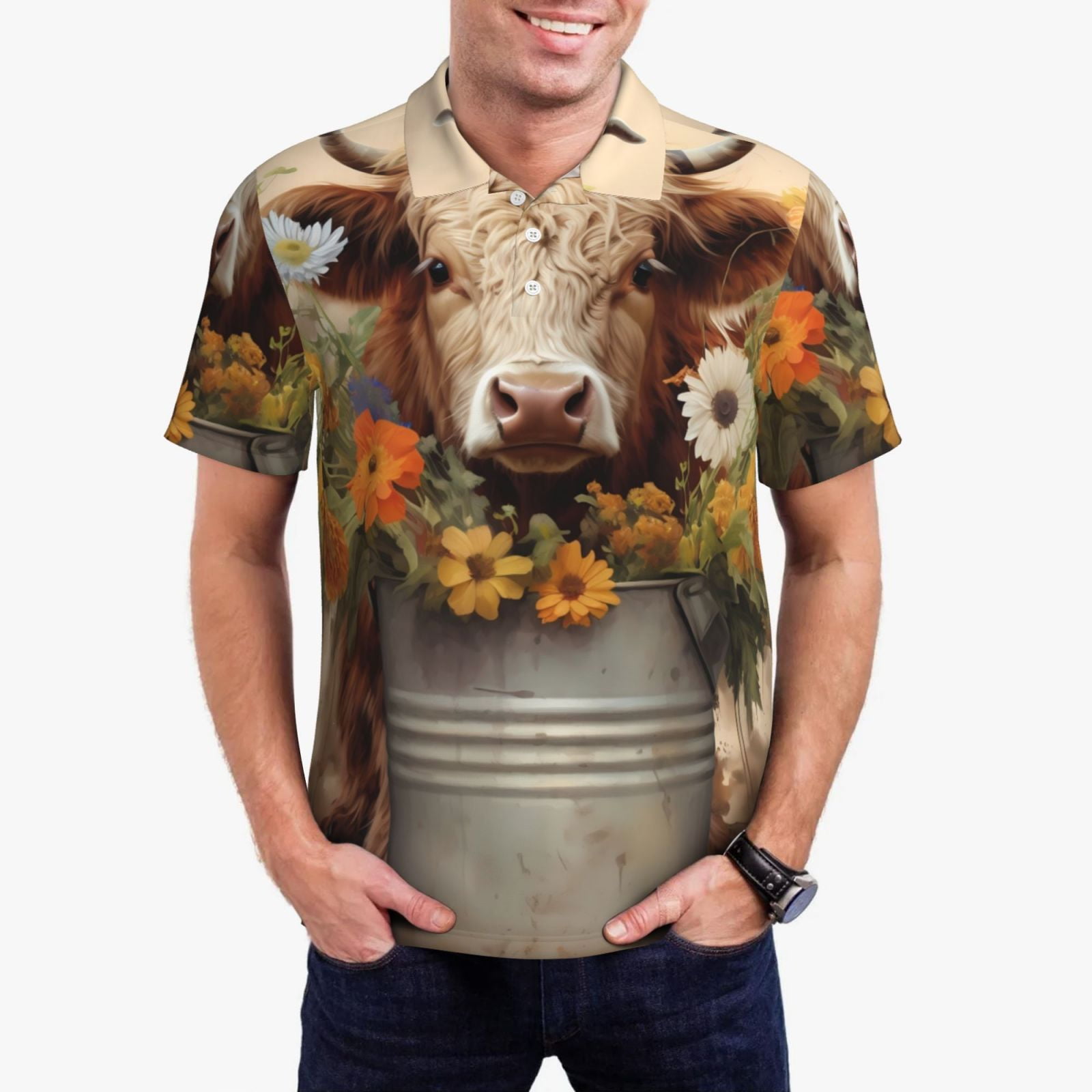 Susaid Bucket Flower Cow Print Men's Short Sleeve Polo Shirt, Golf ...