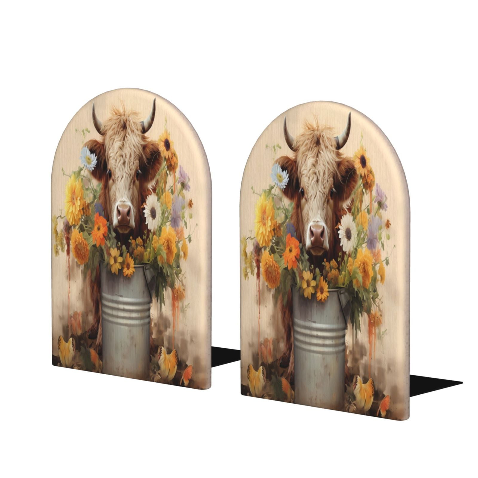 Susaid Bucket Flower Cow Print Wooden Bookends Decorative Book Ends for ...