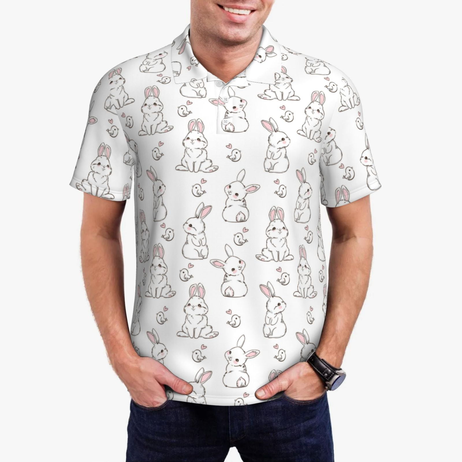 Susaid Bunny And Bird Print Men's Short Sleeve Polo Shirt, Golf Shirts ...