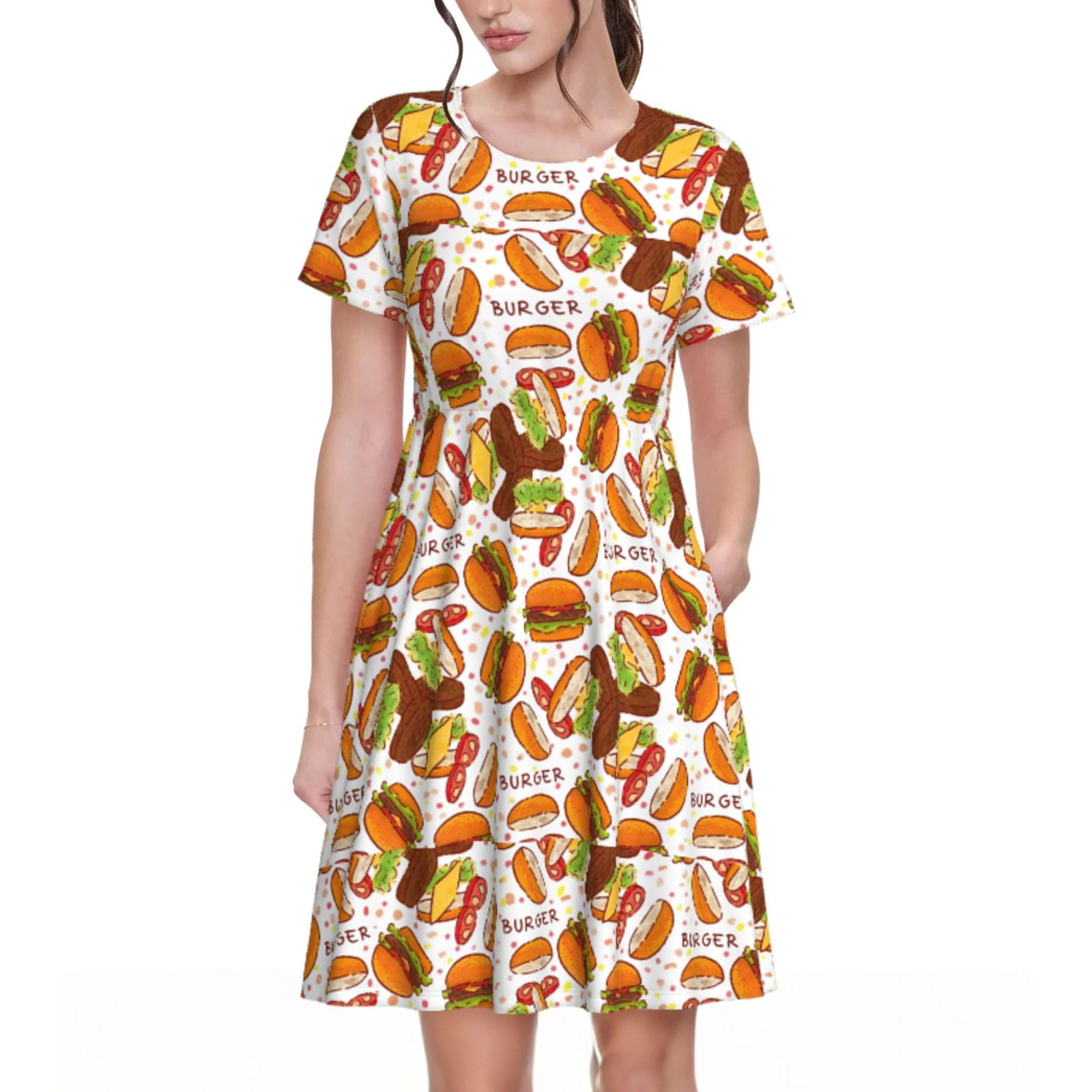 Susaid Burger Pattern Women's Casual Floral Print Crewneck Short Sleeve ...