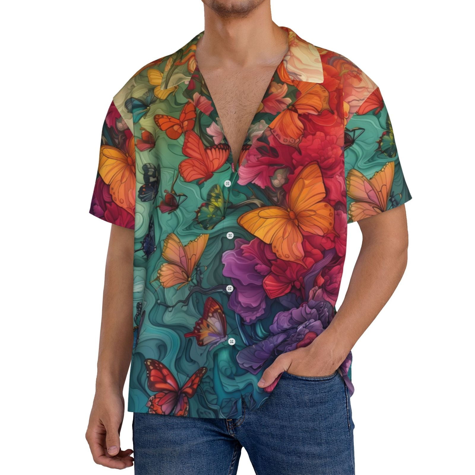 Susaid Butterfly Flower Cascade Print Men's Polo Shirts Button Down ...