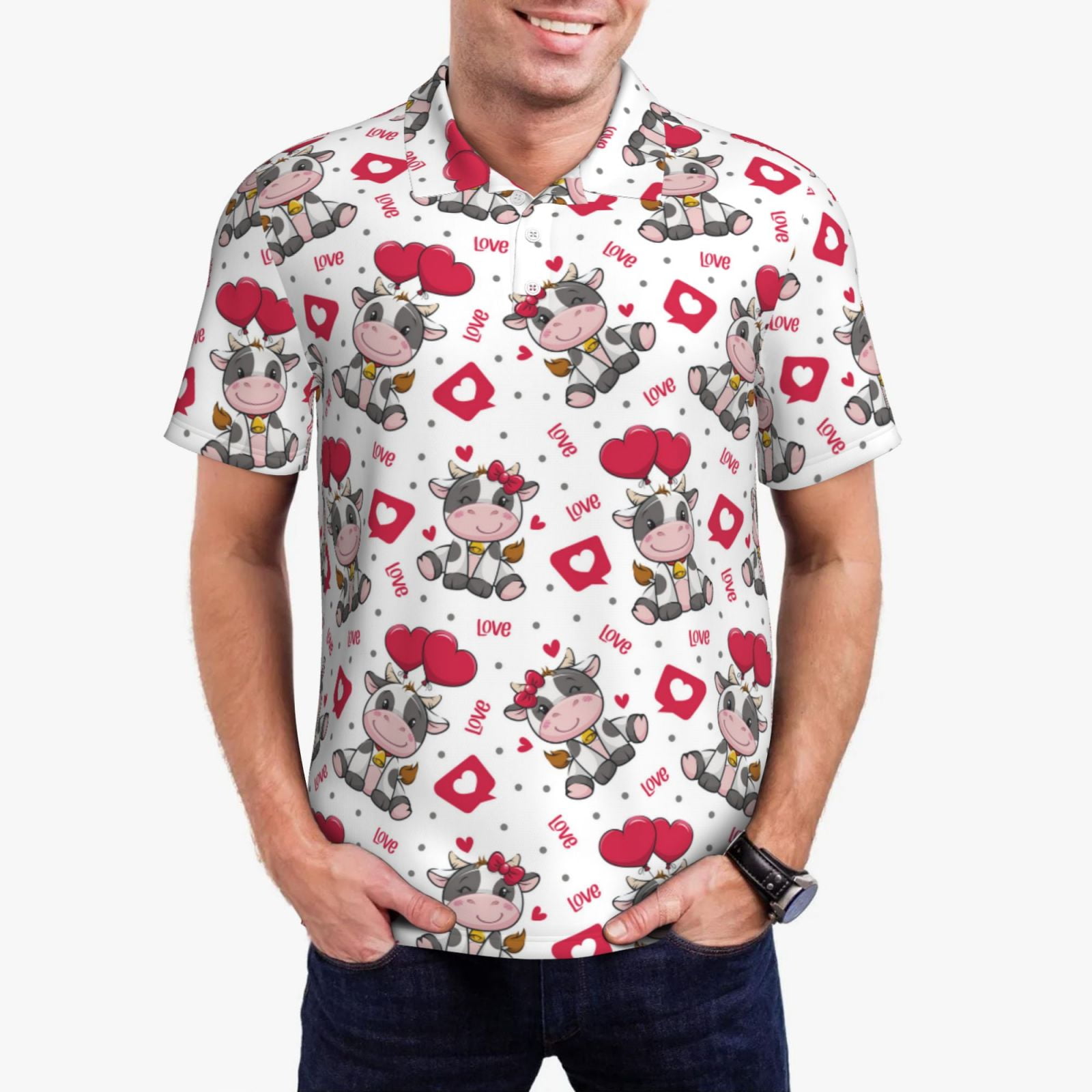 Susaid Caring Cow Print Men's Short Sleeve Polo Shirt, Golf Shirts for ...